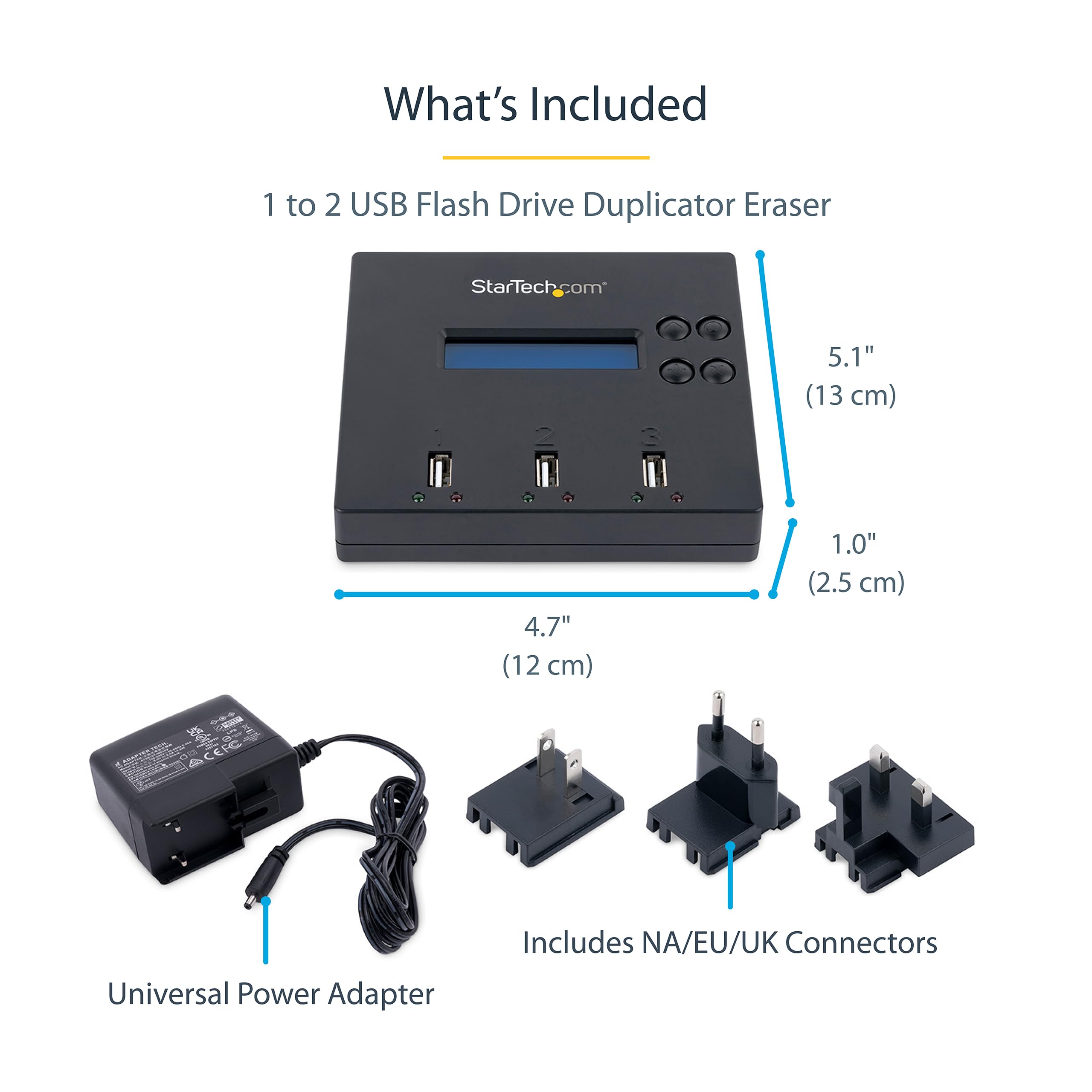 StarTech.com Standalone 1 to 2 USB Flash Drive Duplicator / Cloner / Eraser, Multiple USB Thumb Drive Copier / Sanitizer, System File / Sector-by-Sector Copy, 1.5 GB/min, 3-Pass Erase, LCD, TAA