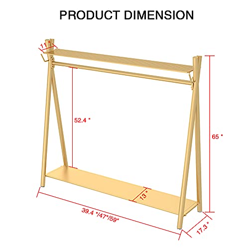 Clothes rack Gold, Freestanding Industrial Garment Rack with Double shelves Multi-functional Bedroom Hanging Clothing Rack,Heavy Duty Movable Coat Rack for Organizing Clothes and Shoes (59'' L)