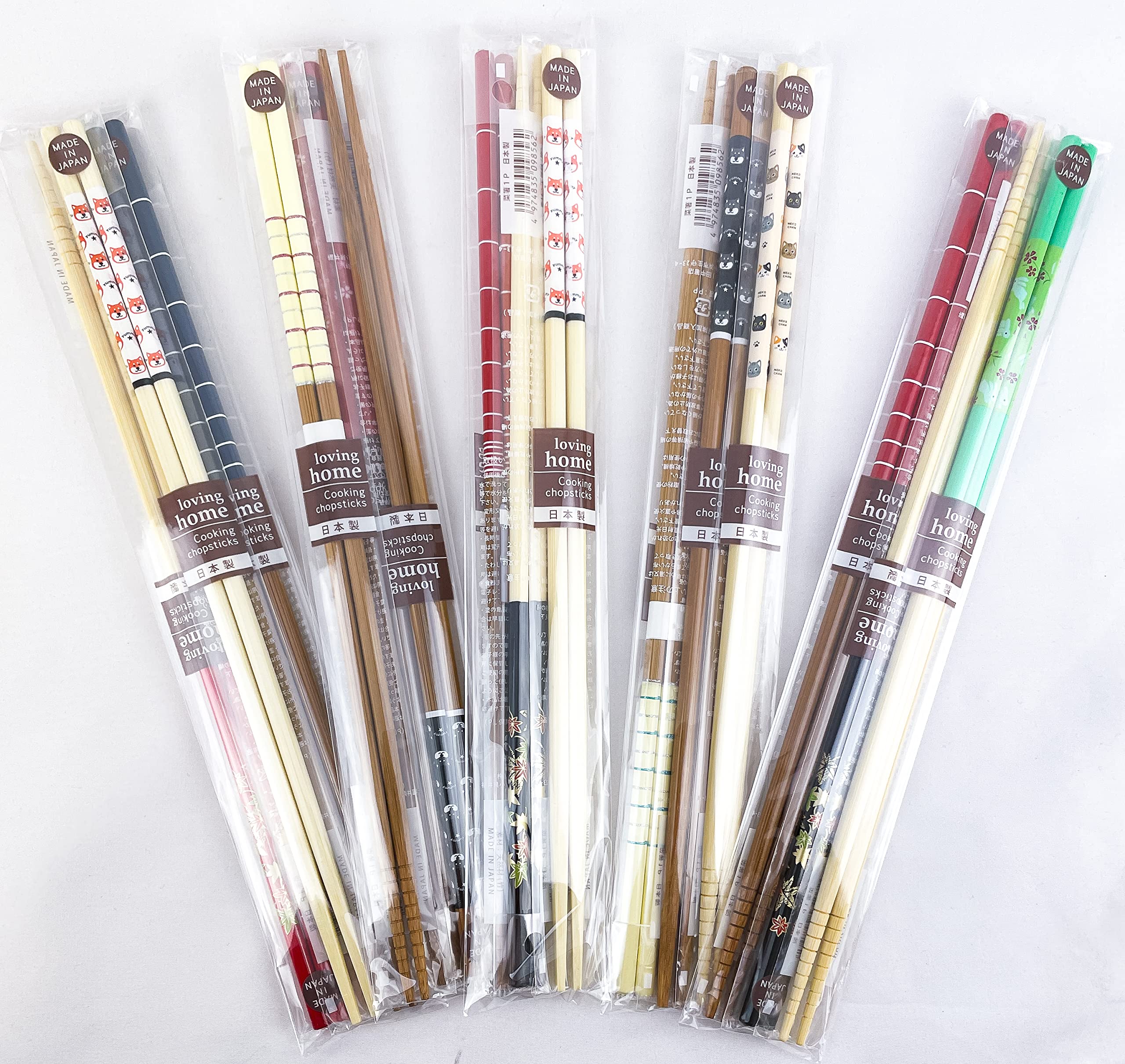 Set of 3 Assorted Cooking Chopsticks, Made in Japan, Natural Bamboo Saibashi, 13inches, Cute Shiba Inu Pattern, Traditional Japanese pattern, Simple Modern Pattern, Colorful Pattern