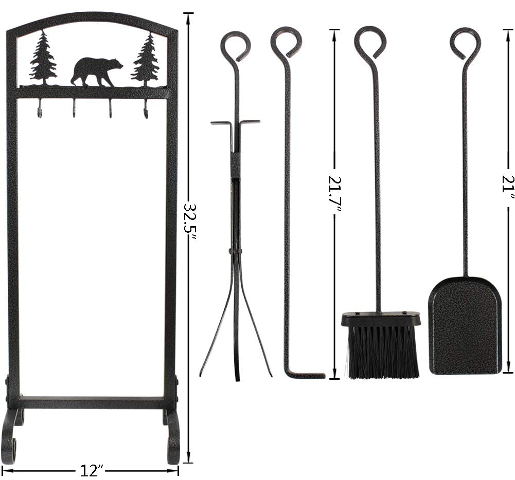 MYFIREPLACEDIRECT 5 Pieces Fireplace Tool Set Strength Wrought Iron, Fire Place Toolset Indoor Outdoor Hearth Accessories Kit with Fireplace Brush, Fire Poker, Firewood Tong, Fireplace Shovel, Glove