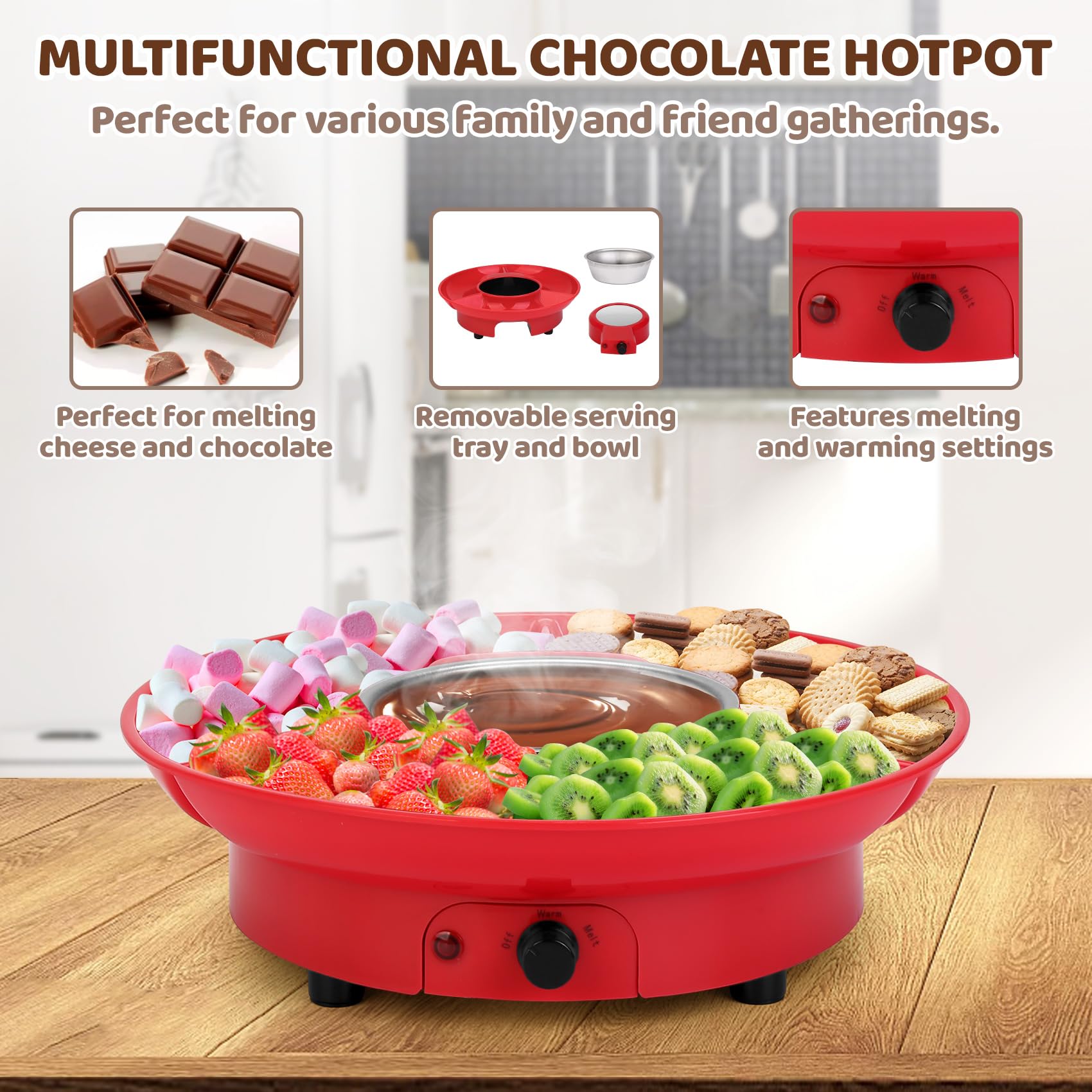 Beyoung Electric Fondue Pot,Chocolate Fondue Maker With Temperature Control and Detachable Serving Trays Great for Dipping Snacks,Bread in Chocolate,Meaningful Birthday Wedding Day Gift,Red