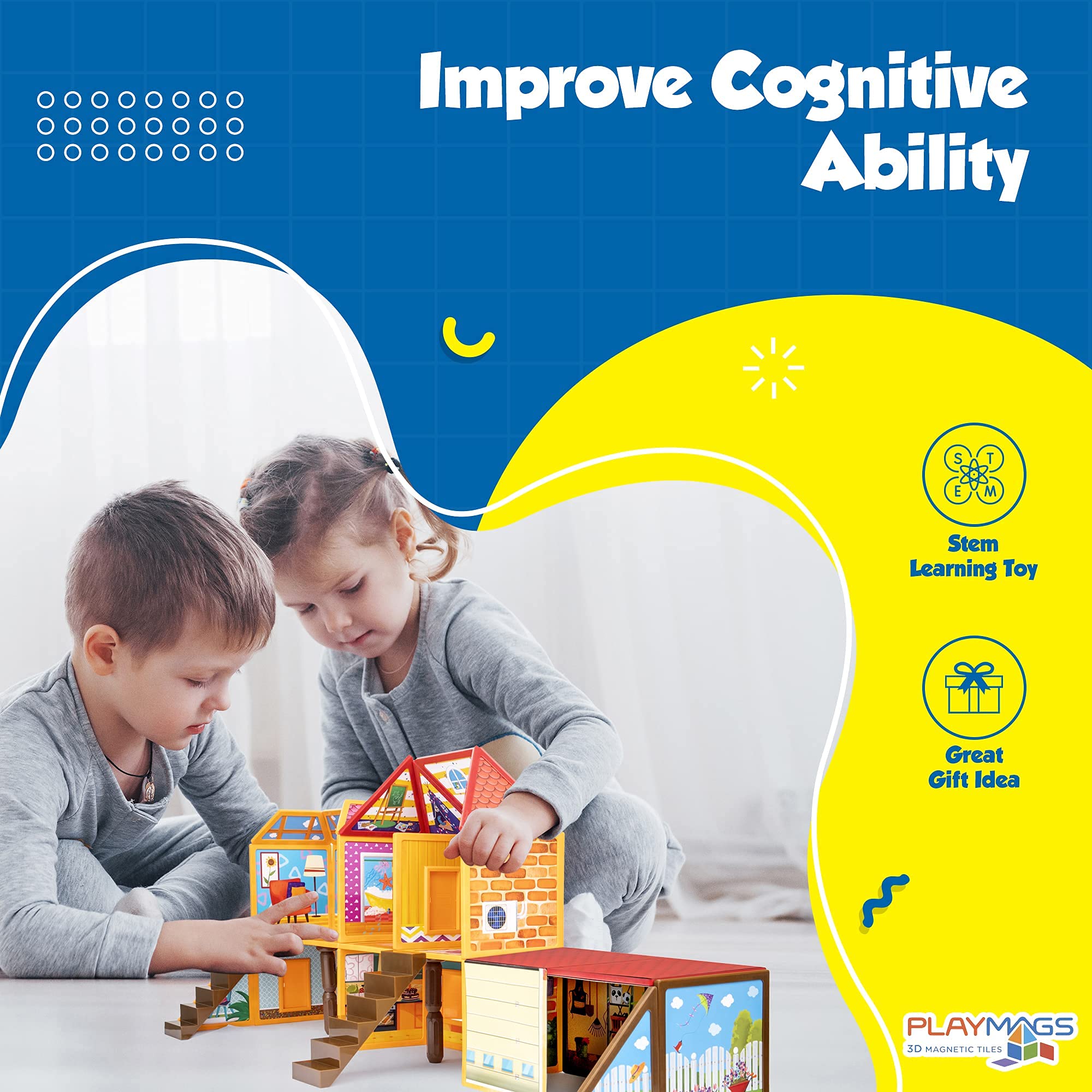 Playmags Magnetic Tiles Building Set, Dollhouse Pretend Play Toy, Creativity and Educational Magnet Blocks Stem Toys, Imaginative Birthday Gift for Kids Ages 3+