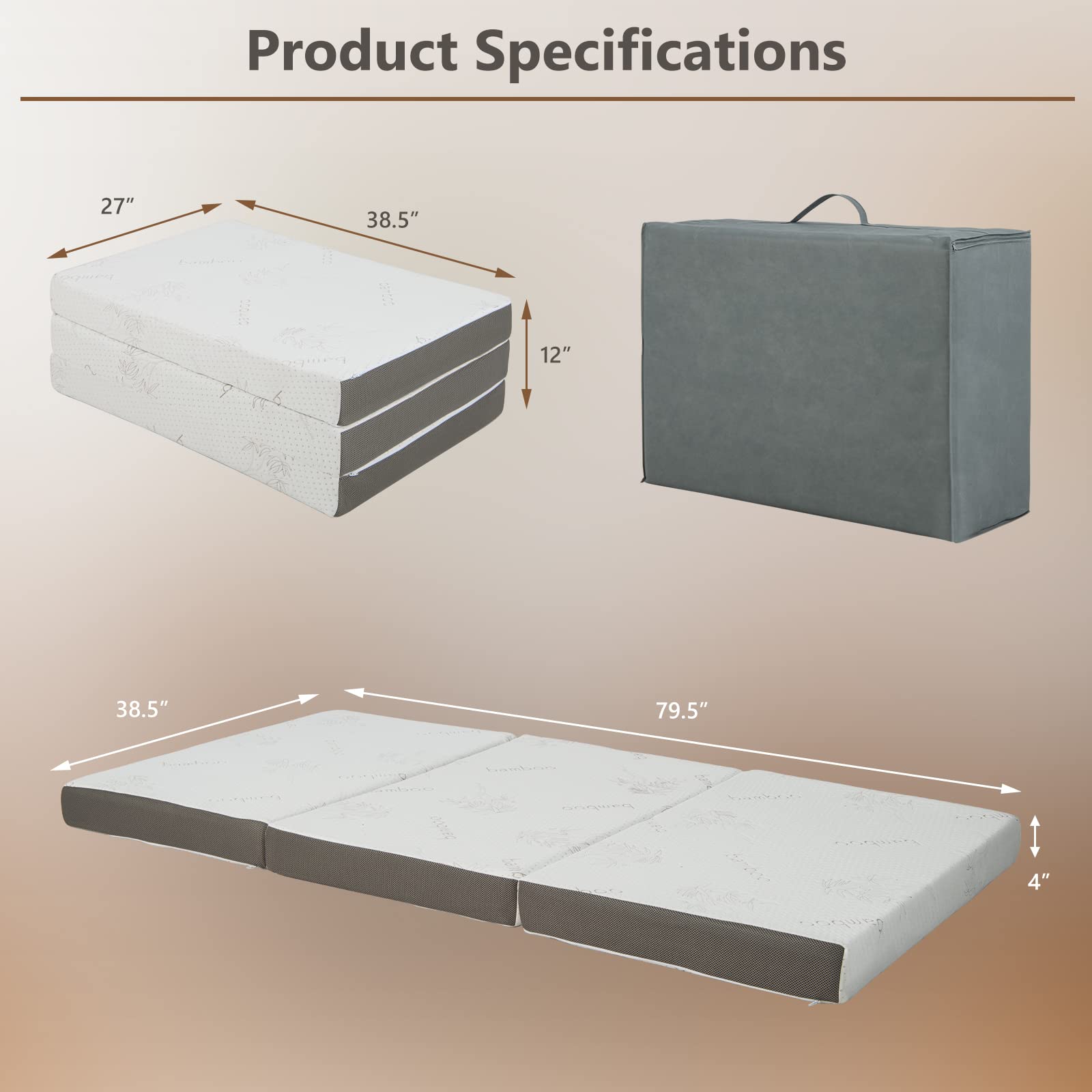 GOFLAME Memory Foam Tri-Fold Mattress, 4β Foldable Floor Mattress with Storage Bag & Removable Cover, Cool Gel Memory Mattress with Bamboo Fabric for Guest Room, Living Room, RV, Camp (Full)