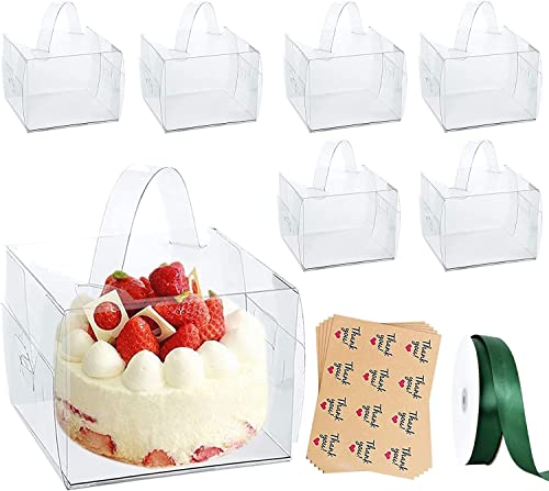 DNPHRPY 6X6X6 Inches 20pcs Clear Cake Boxes with Handles & Cake Boards, Bakery Box with Handles for Mother's Day Gifts, Desserts, and Cupcakes, Disposable Bakery Containers, 1 Ribbon & 4 Stickers
