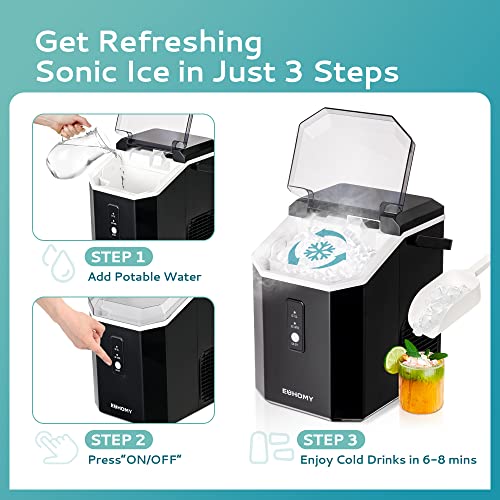 EUHOMY Nugget Ice Maker Countertop with Handle, Ready in 6 Mins, 33lbs/24H, Removable Top Cover, Auto-Cleaning, Portable Pebble Ice Maker with Basket and Scoop, for Home/Party/Camping. (Black)