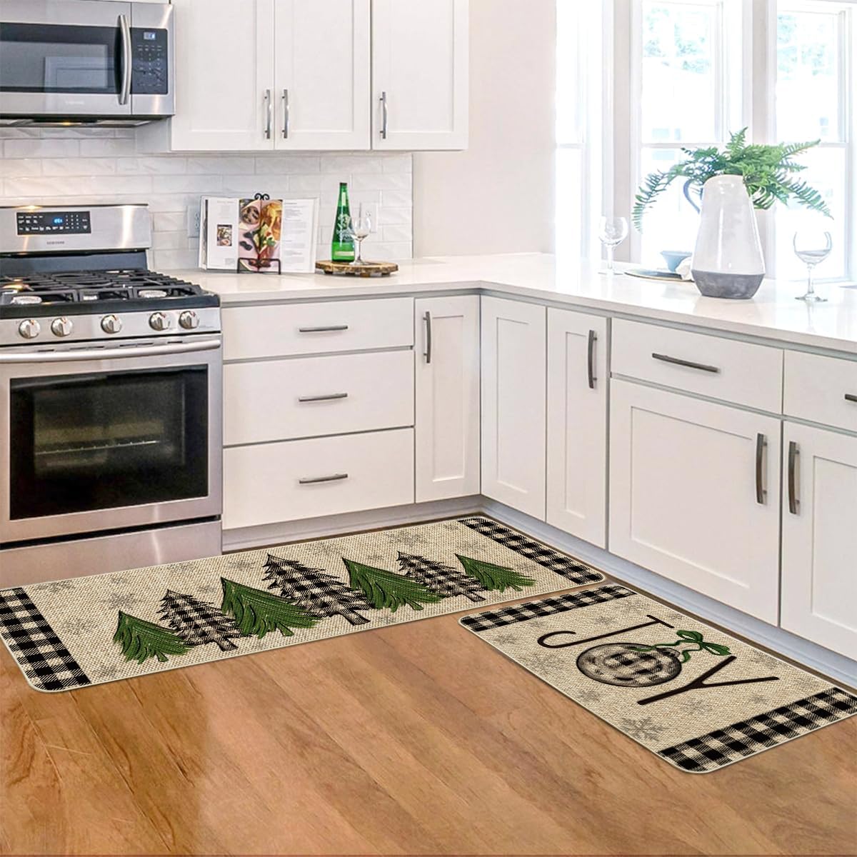 Artoid Mode Buffalo Plaid Xmas Trees Joy Christmas Kitchen Mats Set of 2, Winter Home Decor Low-Profile Kitchen Rugs for Floor - 17x29 and 17x47 Inch