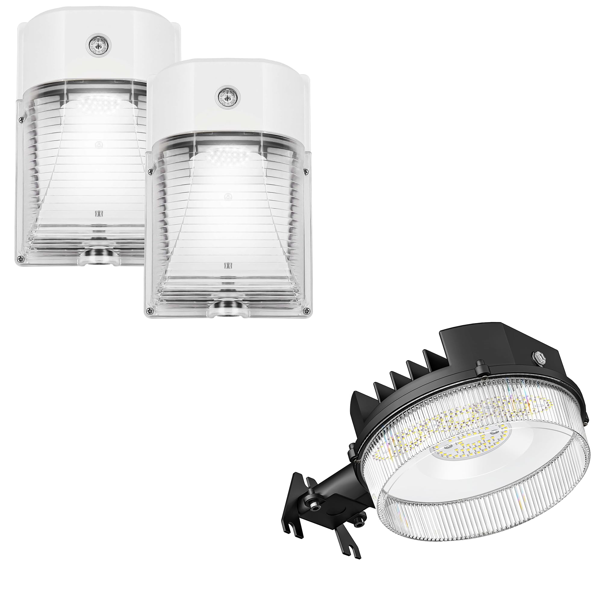 CINOTON 42W LED Barn Light Dusk to Dawn Outdoor Lighting, Black 1 Pack & 26W LED Wall Pack Light with Dusk to Dawn Sensor White 2 Pack