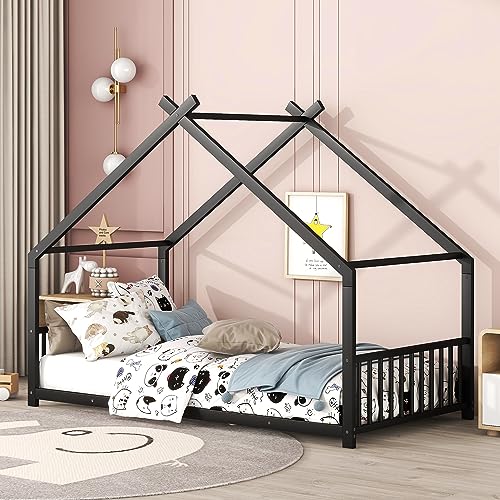 DNYN Twin Size Metal House Bed with Roof Design for Kids Bedroom,Sturdy Steel Bedframe,No Box Spring Needed, Black