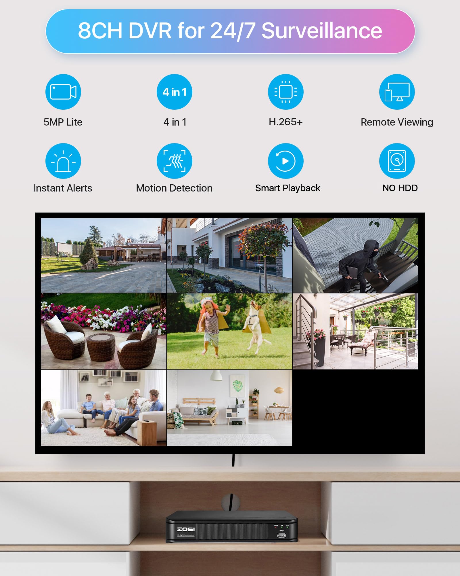 ZOSI H.265+ Full 1080p Home Security Camera System,5MP 3K Lite 8CH CCTV DVR Recorder with AI Human Vehicle Detection, 4 x 2MP Weatherproof Surveillance Bullet Camera Outdoor 80ft Night Vision (No HDD)