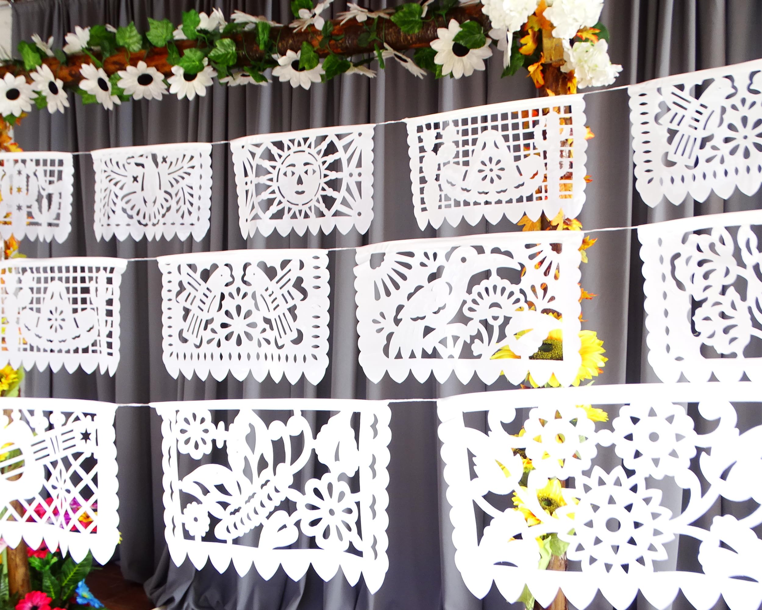White Papel Picado Banner - Plastic Papel Picado Banner, garland, bunting, streamers - Fiesta Decorations - Mexican white Decorations for mothers day, bridal shower, weddings 5 pack/60 feet