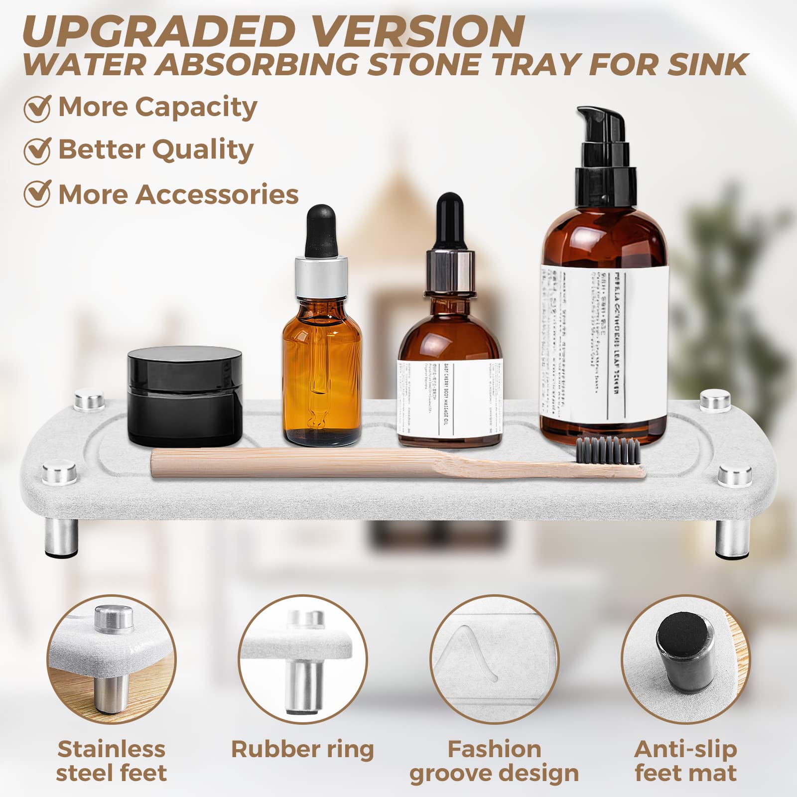 BFONS Instant Dry Sink Organizer, Sink Caddy Diatomaceous Earth Soon Neat Water Absorbing Stone Tray for Sink Kitchen Essentials Fast Drying Sponge Soap Holder Rack for Bathroom Organizer Countertop