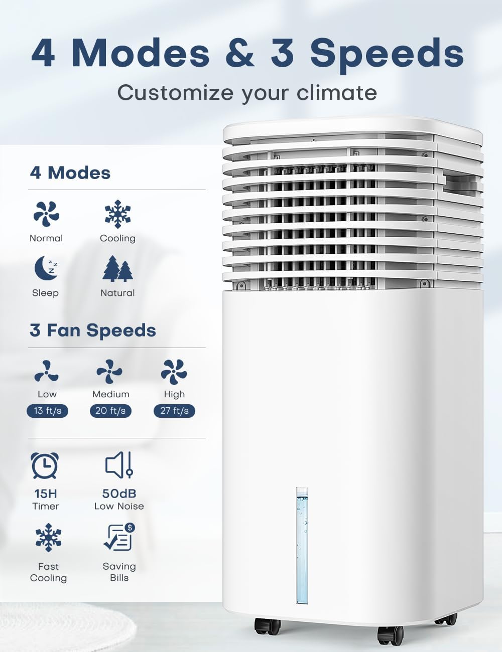 CENSTECH 4-IN-1 Portable Air Conditioners, Evaporative Air Cooler w/4 Modes & 3 Speeds, 15H Timer for Smart Auto-off, 2-Gal Tank for 20H Cooling,17FT Remote,No Hose Needed,120ยฐOscillating Swamp Cooler