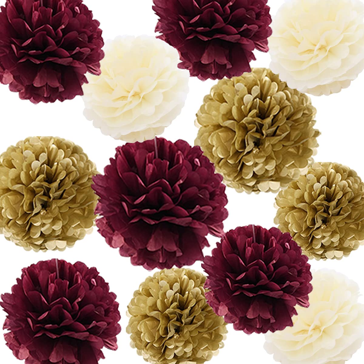 Decorations 2024 Maroon Graduation/Burgundy Gold Cream Birthday Decorations for Women 40th/50th Birthday 12pcs Tissue Paper Pom Poms Maroon Burgundy Gold Wedding/Bridal Shower Retirement Decorations