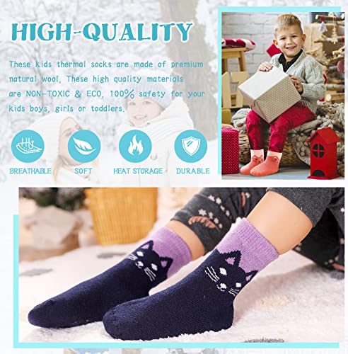 Eocom 6 Pairs Children's Winter Warm Wool Socks Kids Toddlers Boys Girls Thermal Thick Boot Cozy Crew Socks (8-12 Years, Cat)