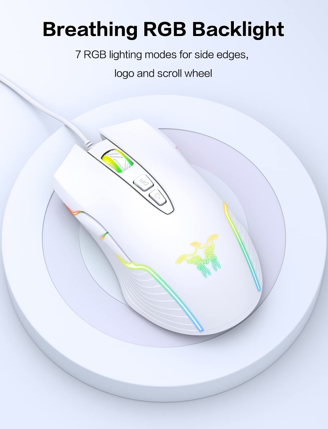 PHNIXGAM Wired Gaming Mouse, Ergonomic RGB Computer Mouse with RGB Backlight, Adjustable DPI UP to 6400, 7 Programmable Buttons for Windows Vista Linux (White)