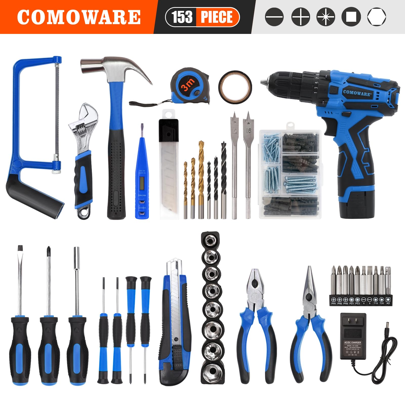 COMOWARE 16.8V Cordless Drill Set Combo Kit, 153 Pcs Tool Kit for Home, Professional Household Tool Sets for Men, Basic Tool Kit with Power Drill, Tool Set with Drill for Home Repair, Red Case