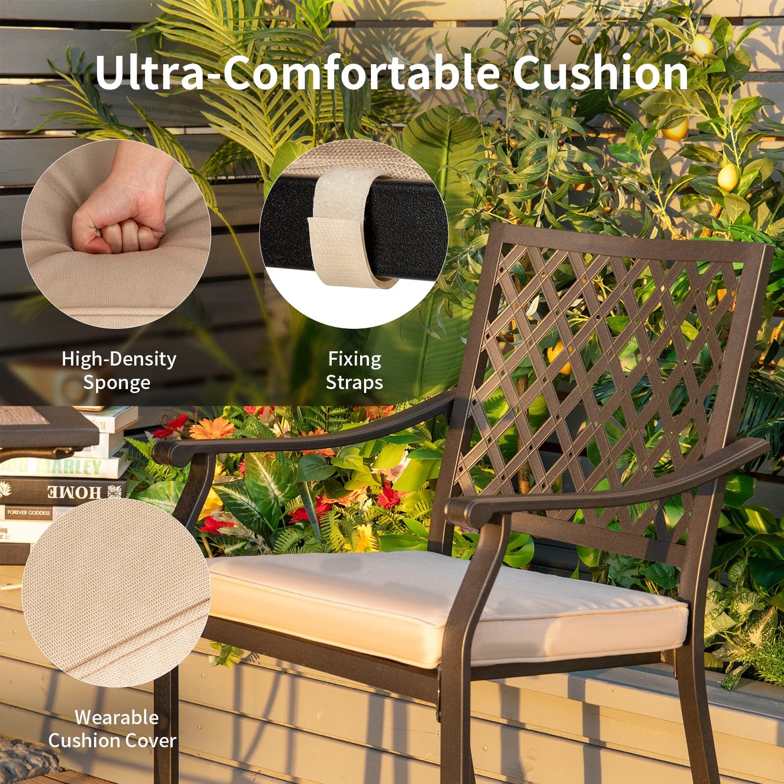 Tangkula 3 Piece Patio Bar Bistro Set, Outdoor Bar Height Stool & Table, Ergonomic Seat with Comfortable Cushion, Reinforced Steel Structure, Outside Dining Set for Poolside, Backyard (Beige)