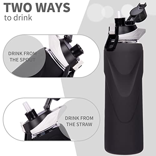 DEARRAY 32 oz Sports Glass Water Bottle with Straw & Silicone Sleeve Reusable BPA-free Borosilicate Glass Drinking Bottle with Flip Top Lid & Handle Wide Mouth (Deep Black)