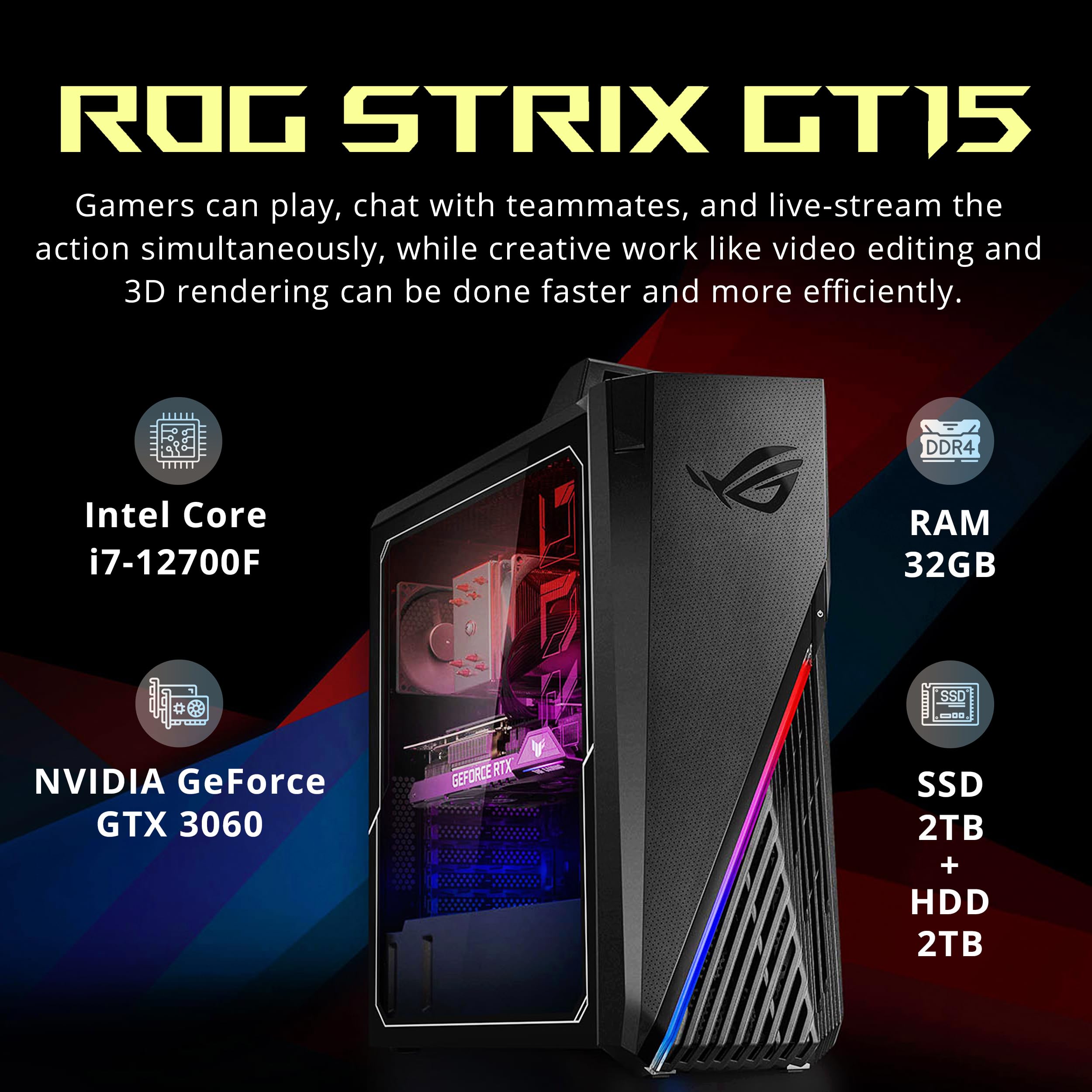 Asus 2022 ROG Gaming Desktop, Intel Core i7-12700F Processor, 32GB DDR4 RAM, 2TB PCIe SSD + 2TB HDD, NVIDIA GeForce RTX 3060 12G DDR6, Win 11 Pro, Black, 32GB Snowbell USB Card