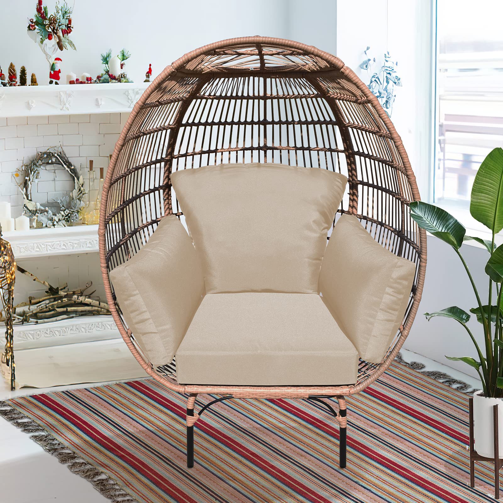 OTSUN Wicker Egg Chair, Oversized Indoor Outdoor Lounger for Patio, Backyard, Living Room with 4 Cushions, Steel Frame, Apricot