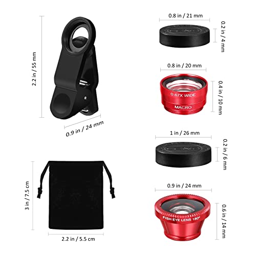 Hemobllo Portable Cell Phone Camera Lens Super Wide Angle Lens Macro Lens Fisheye Lens Clip on 3 in 1 Mobile Phone Lens Compatible for iPhone 6S/7/8/X (Red)