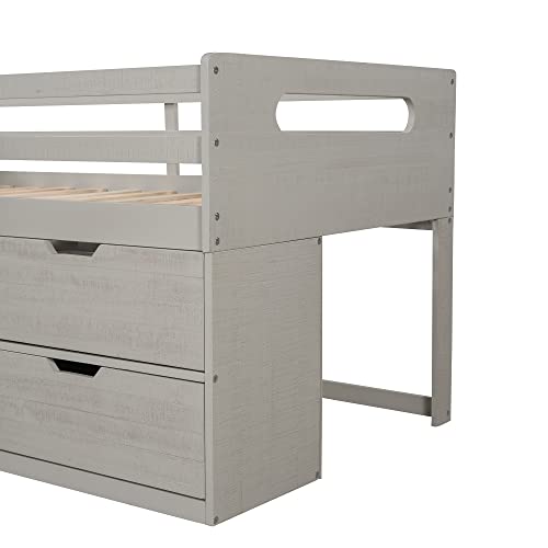DRELOFT Twin Size Low Loft Bed with 2 Storage Shelves and 2 Drawers, Wooden Storage Bed Loftbed Frame for Kids Boys Girls Bedroom, No Box Spring Needed, Antique Gray