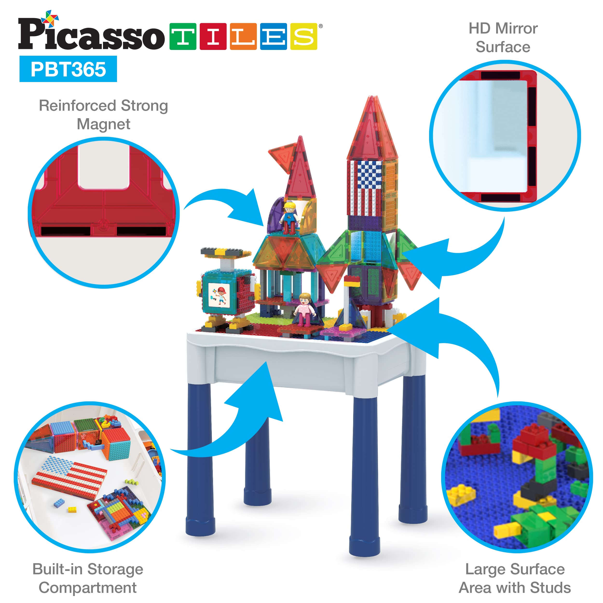 PicassoTiles 316 PCs Activity Table with Magnetic Tiles and Building Brick Blocks, Playset Table with Magnetic Action Figures & Storage Included, Can be Use as Water & Sand Tables STEM Toys Ages 3+
