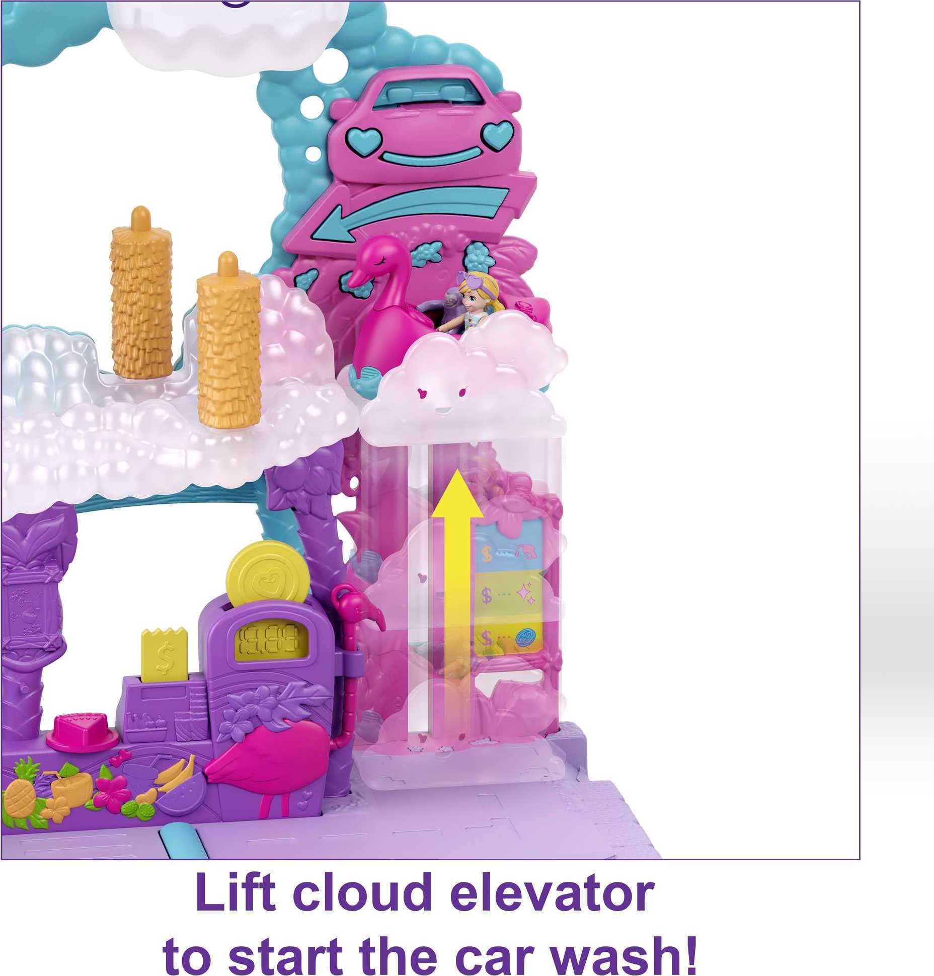 Polly Pocket Playset, Pollyville Flamingo Fun Car Wash with 2 Micro Dolls, Toy Car, Water Play & Color-Change Accessories