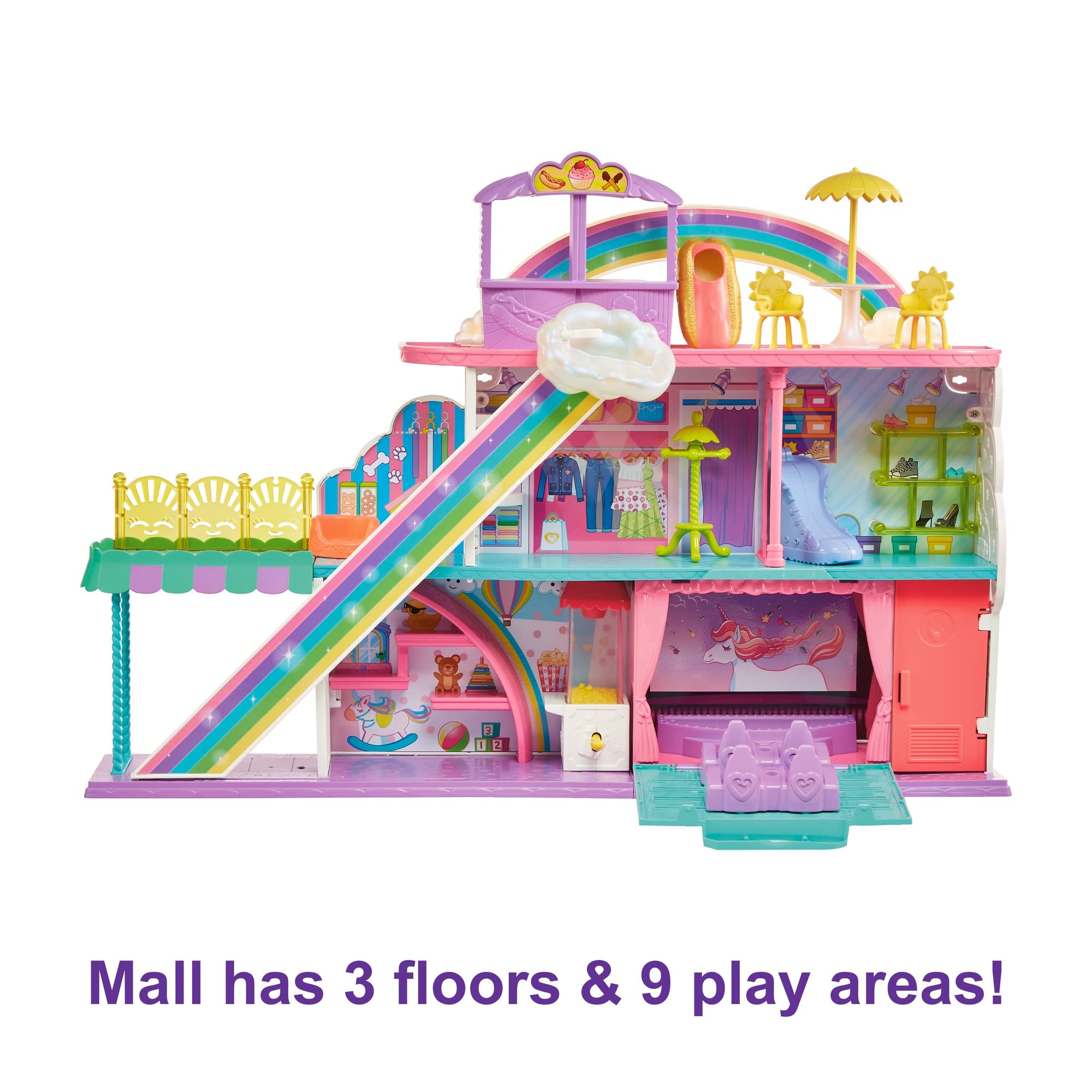 Polly Pocket Sweet Adventures Rainbow Mall, 3 Floors, 9 Play Areas, 35+ Accessories Including 3-inch Polly Doll, Great Gift Ages 4 Years Old & Up