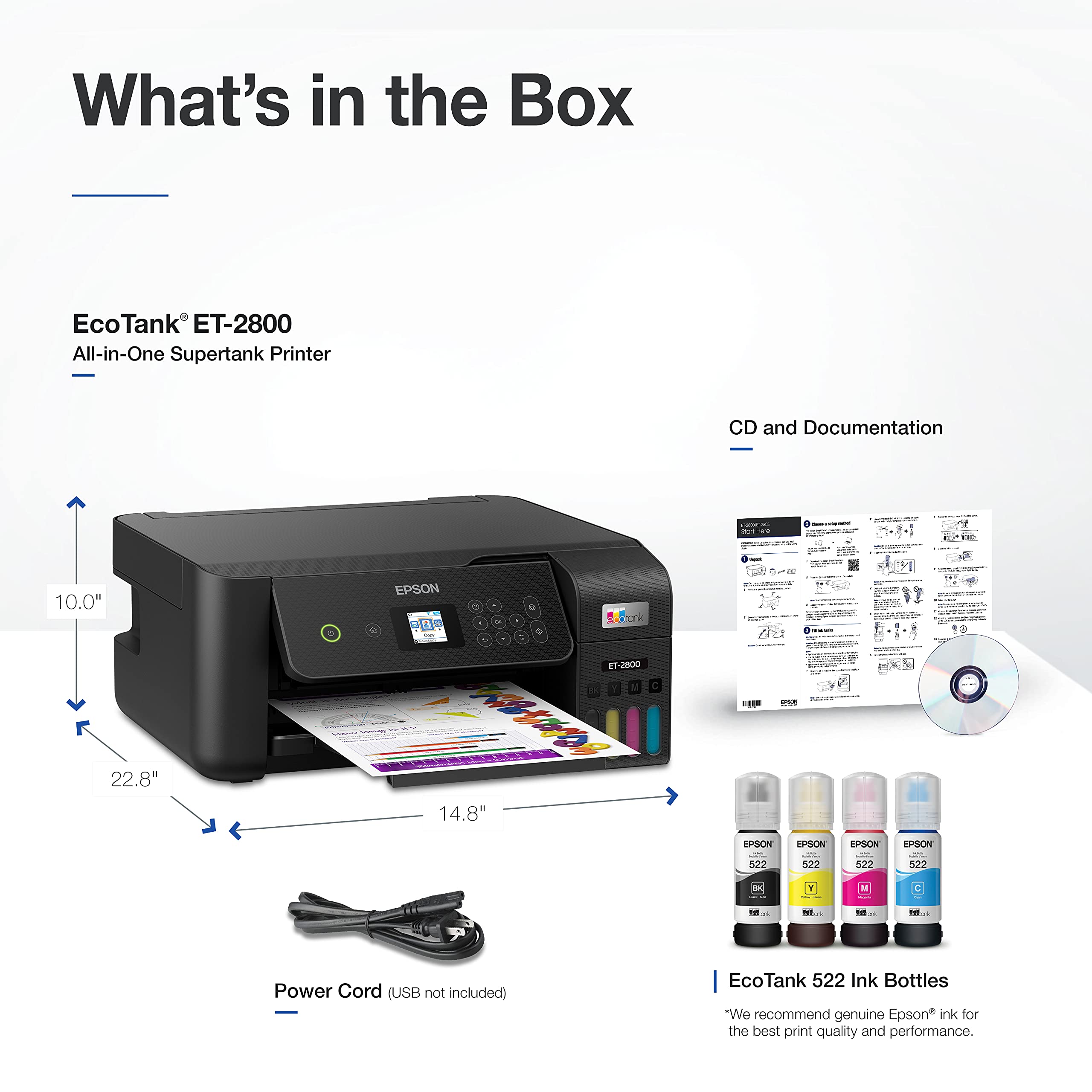 Epson EcoTank ET-2800 Wireless Color All-in-One Cartridge-Free Supertank Printer with Scan and Copy – The Ideal Basic Home Printer - Black, Medium