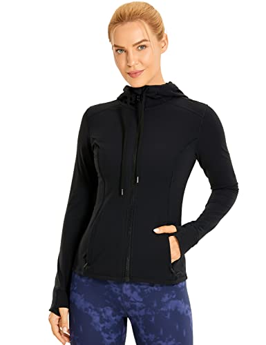 CRZ YOGA Women's Brushed Full Zip Hoodie Jacket Sportswear Hooded Workout Track Running Jacket with Zip Pockets Black Medium