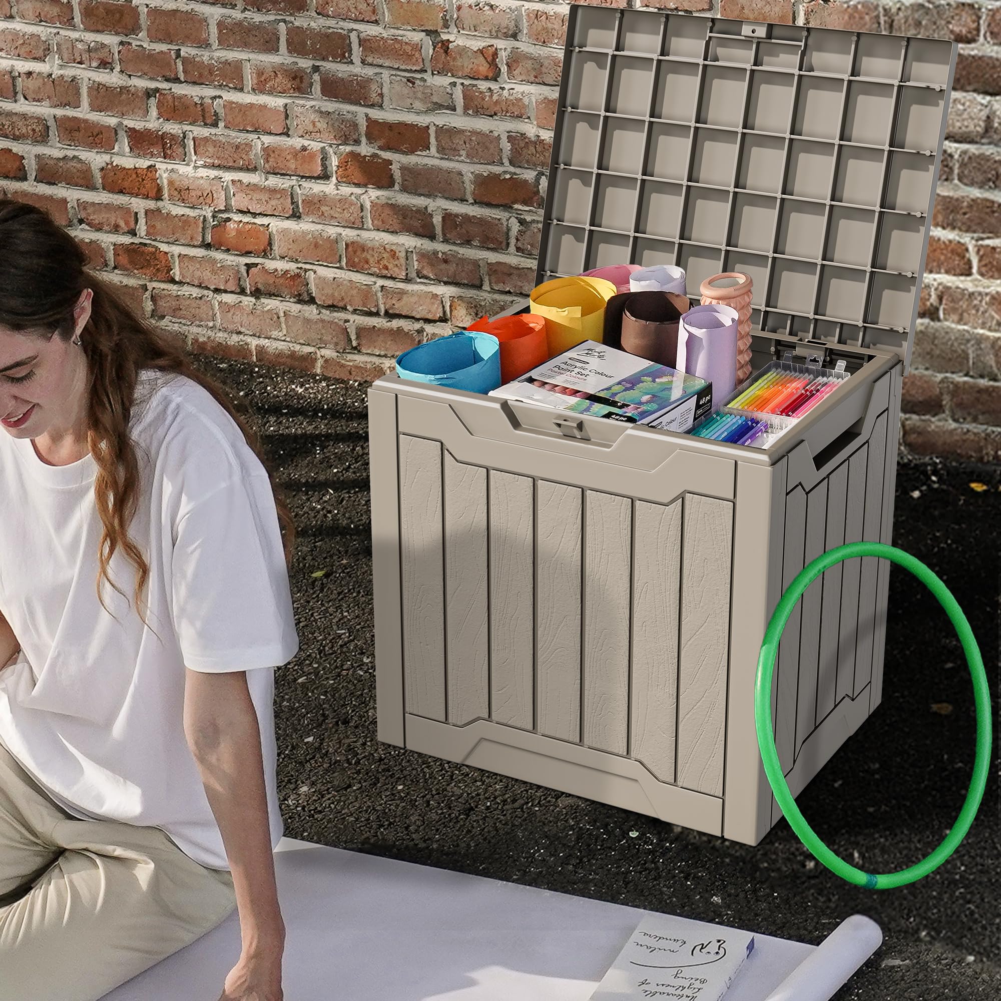 DWVO 120 Gallon Outdoor Storage Box, Large Lockable Resin Deck Box, Water Resistant Patio Storage Box for Tools, Cushions, Supplies - Light Brown