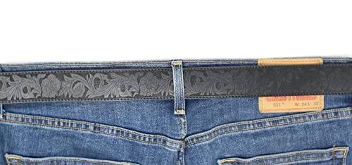 BC Belts Womens Leather Belt Strap with Embossed Western Flowers Pattern 1.5" Wide with Snaps (Black-L)