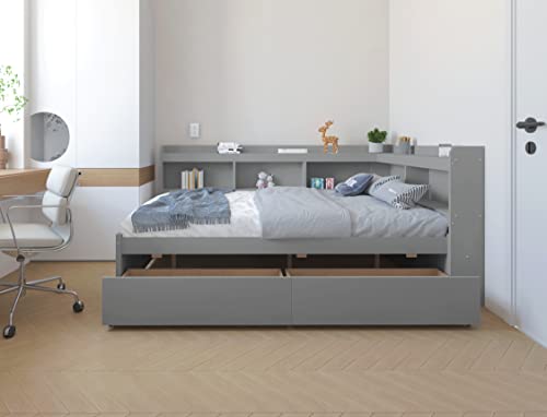 DEINPPA Full Size Platform Bed with L-Shaped Bookcase and 2 Drawers, Wooden Captain Bed Frame with Bookcase Headboard for Kids Teens Adult Boys Girls, No Box Spring Needed, Grey
