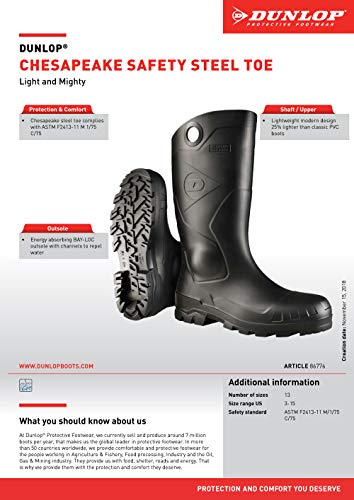 Dunlop Protective Footwear,Chesapeake steel toe Black Amazon, 100% Waterproof PVC, Lightweight and Durable8677677.14, Size 14 US