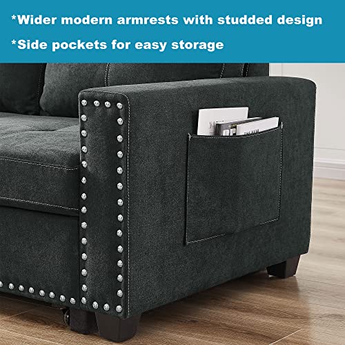 Evedy Upholstery Sleeper Sectional Sofa with Storage Chaise-Pull Out Couch Bed Reversible SofaBed for Living Room Furniture Set, Silver Rivets on Both Hands, a-Black