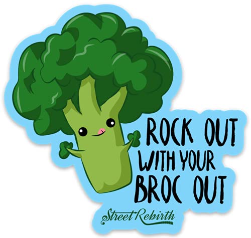 Broccoli Pun Sticker - Rock Out With Your Broc Out - 4 Inch WaterProof - Vinyl Stickers, Laptop Decal, Water Bottle Sticker, Car Decal, Funny Stickers, Small Gift, Sticker Pun, Fun Puns, Funny Puns
