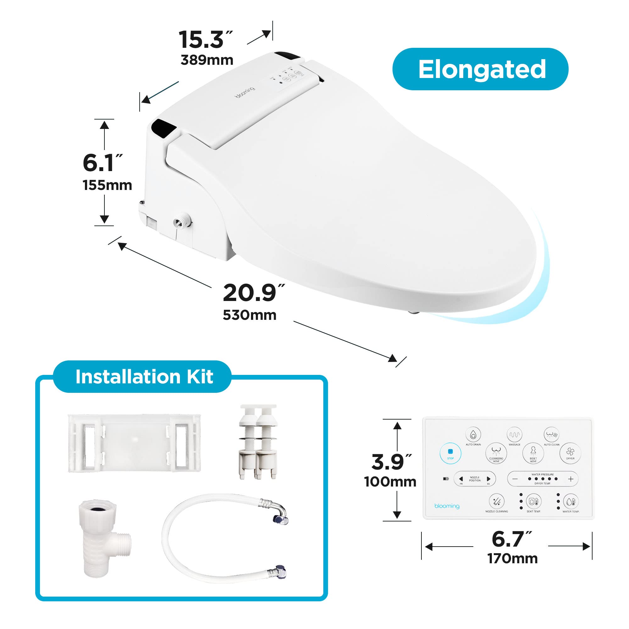 Blooming NB-R1260E Bidet Toilet Seat with Premium Water Filtration System, Fits Elongated Toilets, Sittable Lid