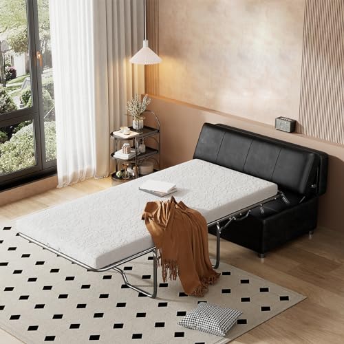 CuisinSmart Folding Ottoman Bed,Pull Out Sofa Bed with Mattress,2 in 1 Convertible Guest Sofa Be,F Old Out Sleeper Sofa Bed for Living Room Small Apartment Bedroom Off Black PU