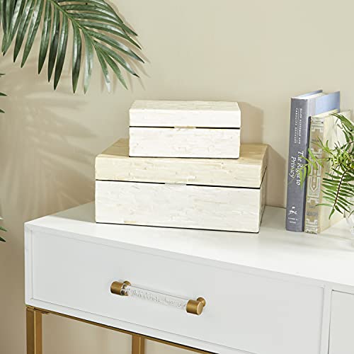 Deco 79 Mother of Pearl Handmade Box with Hinged Lid, Set of 2 12", 8"W, White