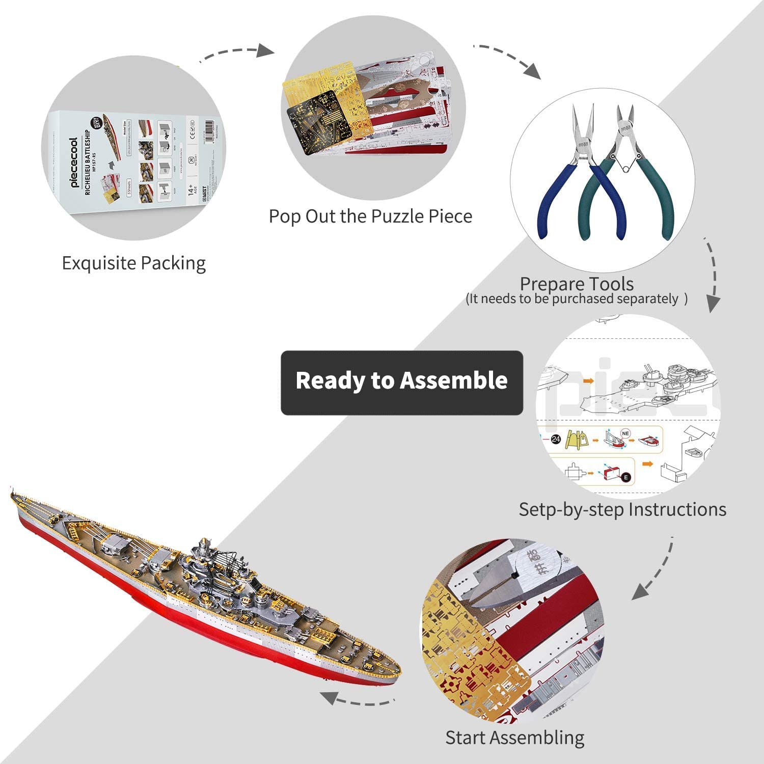 Piececool 3D Metal Puzzles for Adults, Richelieu Battleship Model Kits, Military Watercraft Warship Models Building Kit DIY 3D Puzzles for Anxiety Relief Toys, Great Gift Ideas -300 Pcs