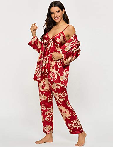 Escalier Women's Silk Satin Pajamas Set 3 Pcs Floral Silky Pj Sets Sleepwear Cami Nightwear with Robe and Pants Wine M