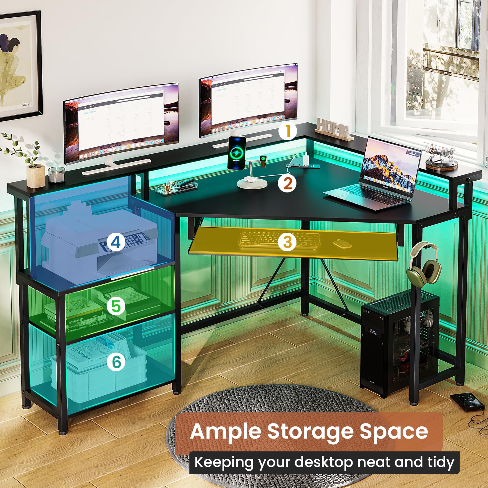 SEDETA Corner Desk, Small Computer Desk with Power Outlets, Gaming Desk with LED Lights, Home Office Desk with Storage for Small Space, Rustic Brown