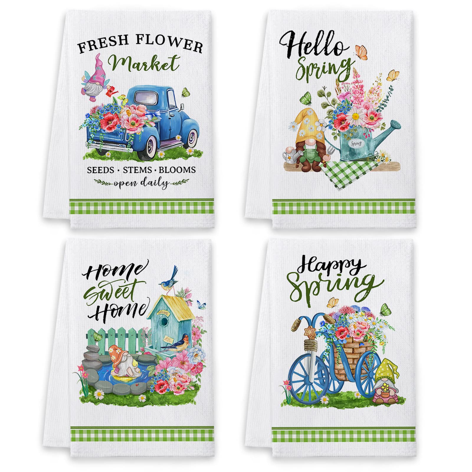 Spring Kitchen Towels, Hello Spring Blue Truck Gnomes Dish Towels Set of 4, Flowers Vase Blossoms Bike Home Sweet Home Seasonal Tea Hand Towels Dishcloths Housewarming Gifts for Home Decorations