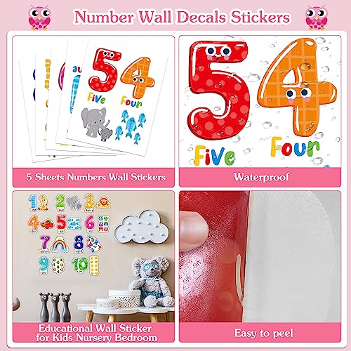FLYAB Numbers Wall Stickers 5 Sheets Learning Educational Number Wall Decals Peel and Stick Animal Wall Decals Stickers for Kids Toddlers Classroom Playroom Daycare Nursery Bedroom Decorations