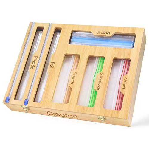 Creatart Bamboo Foil and Plastic Wrap Dispenser with Cutter 6 in 1 Ziplock Bag Storage Organizer for Drawer 12" Food Storage Bag Organizer for Gallon, Quart, Sandwich and Snack