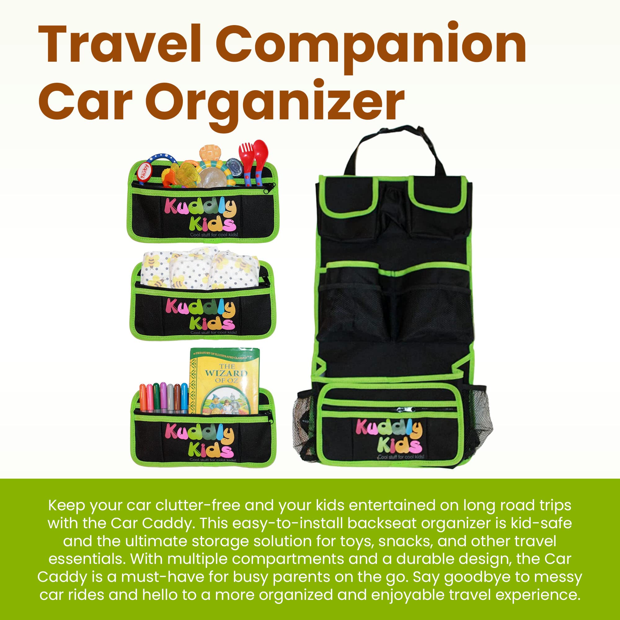 Kuddly Kids Backseat Car Organizer Kid-Safe, Easy-Install Toy/Clutter Organizer, Ultimate Storage Solution, Road Trip Travel Friendly Caddy/Holder for Busy Parents - Car Clutter Control Toy Organizer