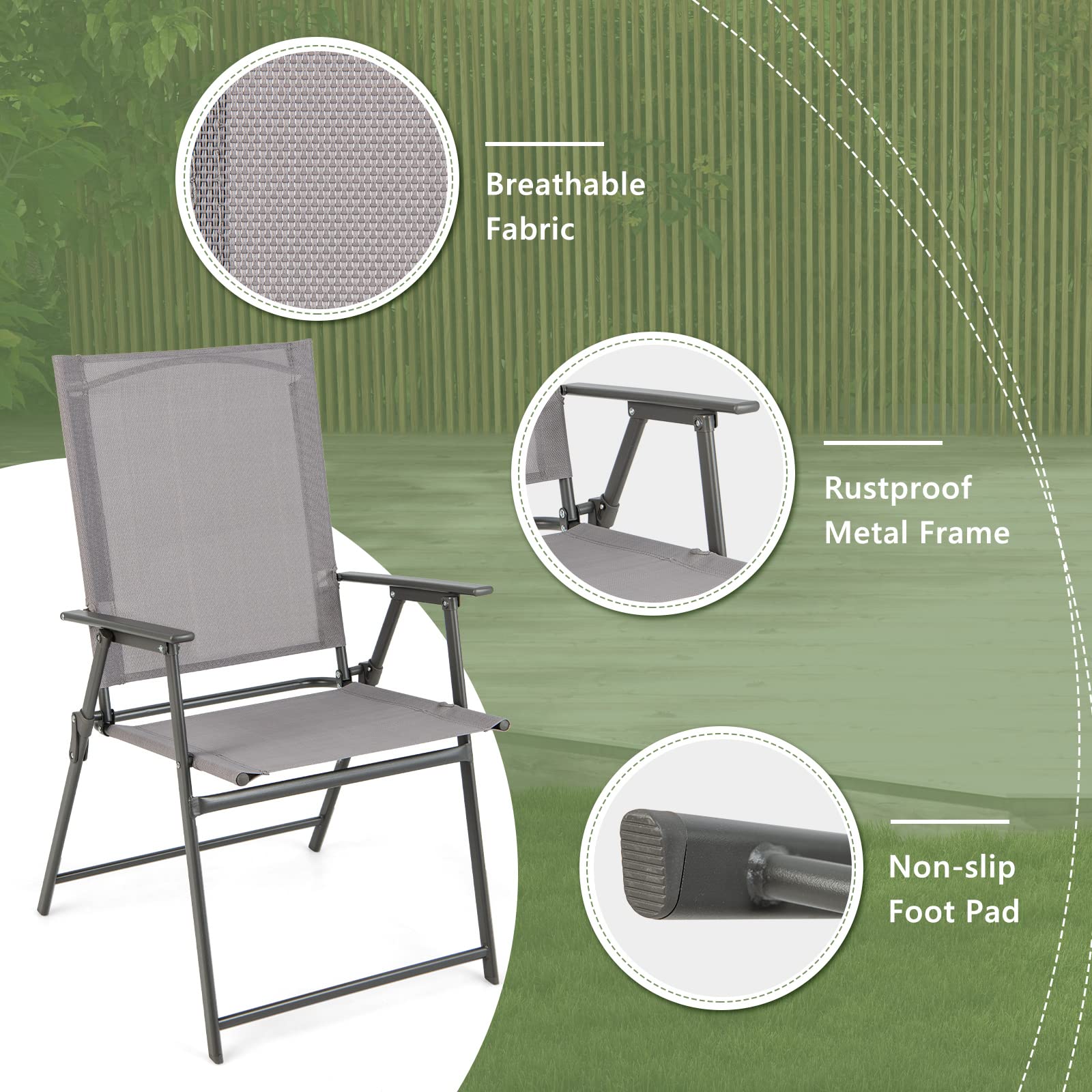 Giantex Patio Folding Chairs Set of 4, Outdoor Lawn Chairs with Rustproof Metal Frame, Portable Dining Chairs for Porch, Deck, Garden, Backyard, Camping, Gray