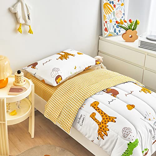 Flysheep 4 Piece White Toddler Bedding Set for Baby Girls and Boys, Cute Animals Printed - Includes Quilted Comforter, Flat Sheet, Fitted Sheet & Pillow Case, Soft Microfiber