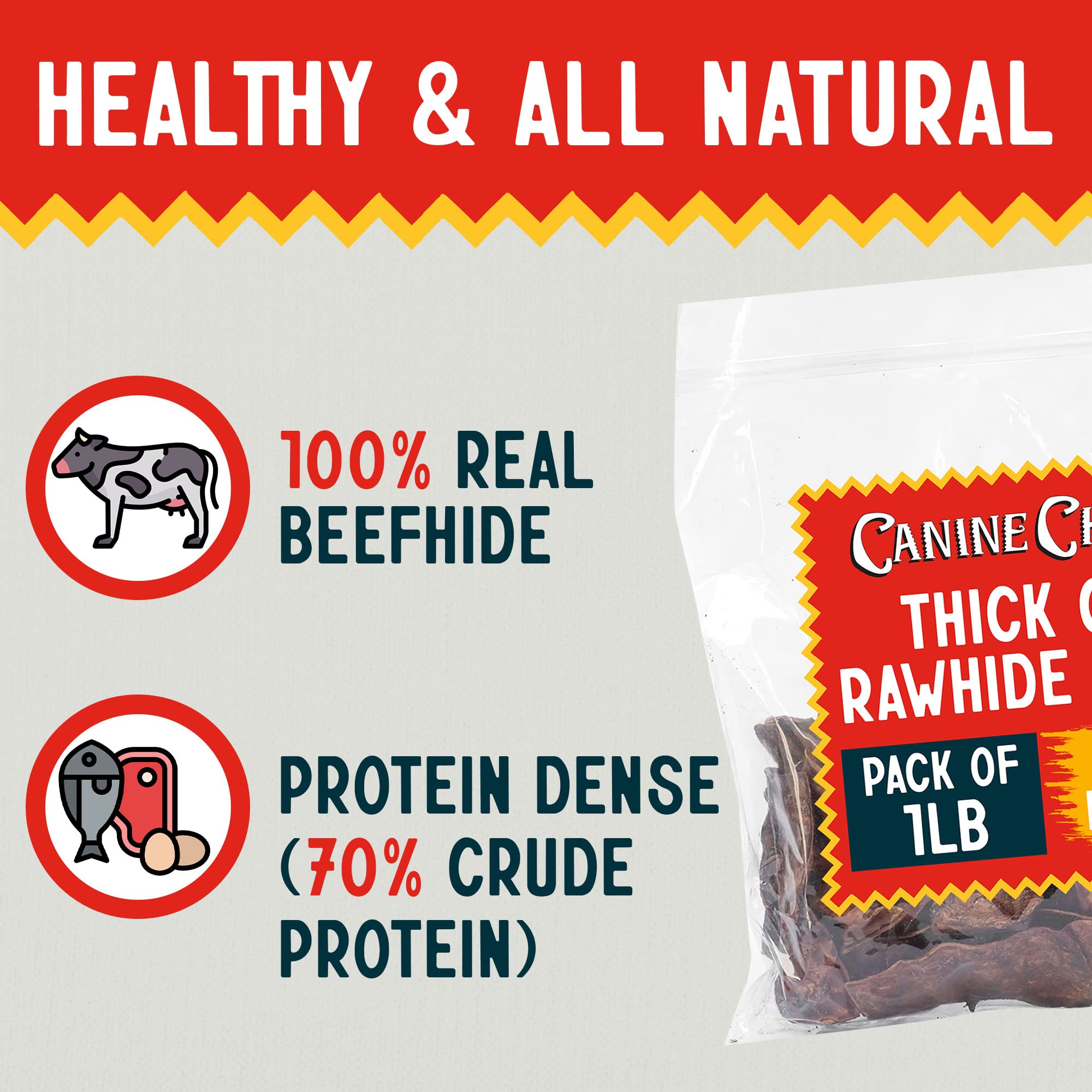 Canine Chews Beef Flavor Prime Cut Thick Chips for Aggressive Chewers Dog Chew Toy Beef Basted Rawhide Chip Slices 1 Pound (Beef Flavor 1lb)